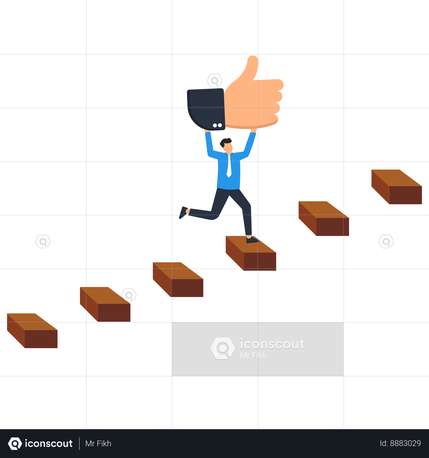 Businessman pulling heavy thumbs up icon of social media up staircase ...