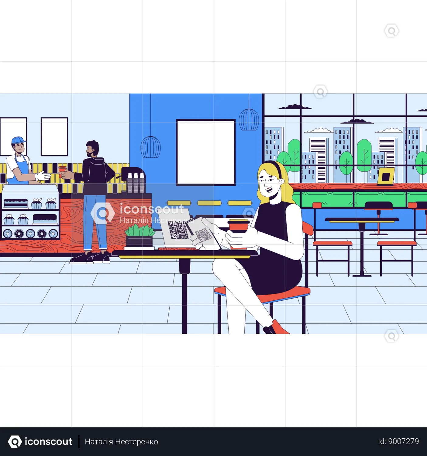 Female cafe customer scanning qr code Animated Illustration download in ... Female cafe customer scanning qr code Animated Illustration download in ...