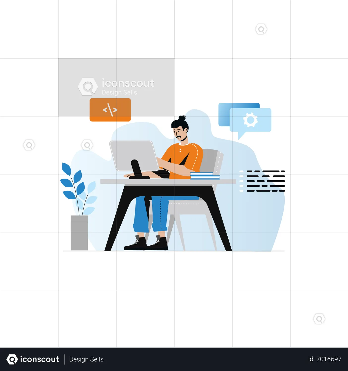 Male software developer working on laptop Animated Illustration ...