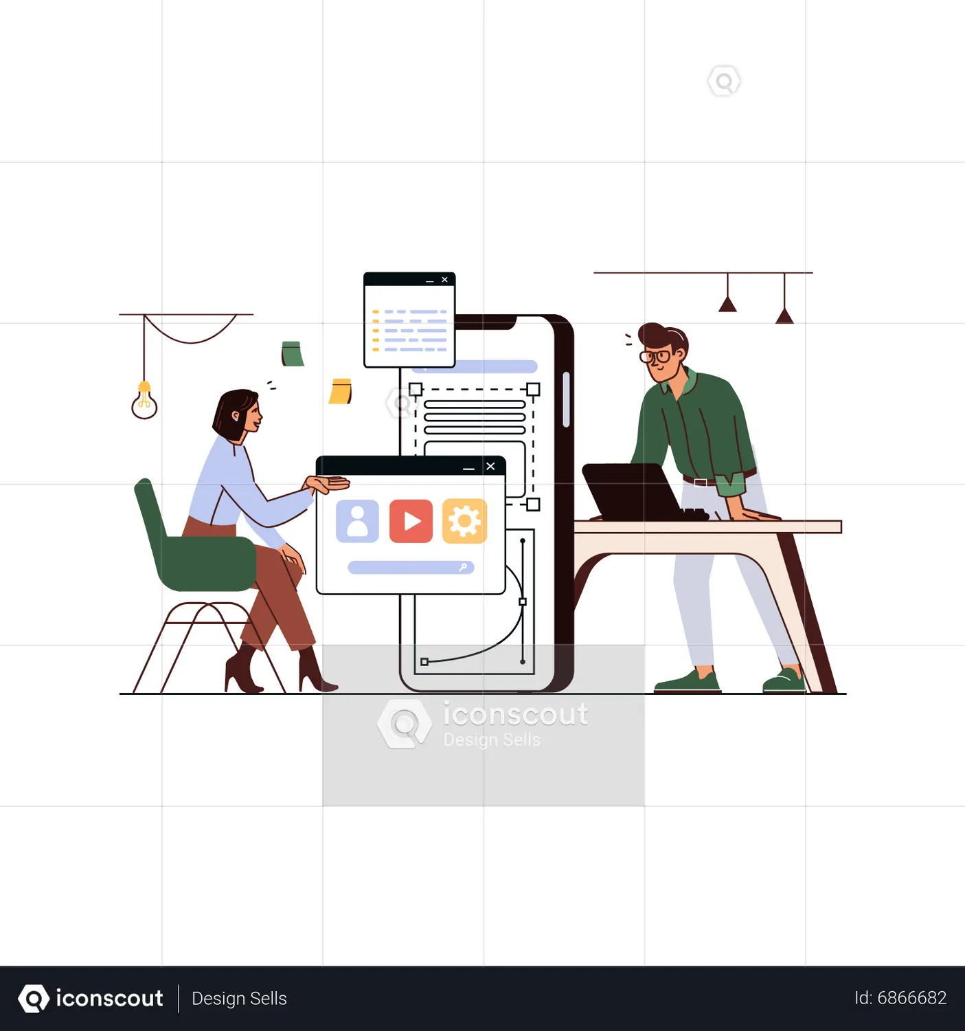 Man Tells And Shows Client About The Developed Interface Design For New Application Animation ...