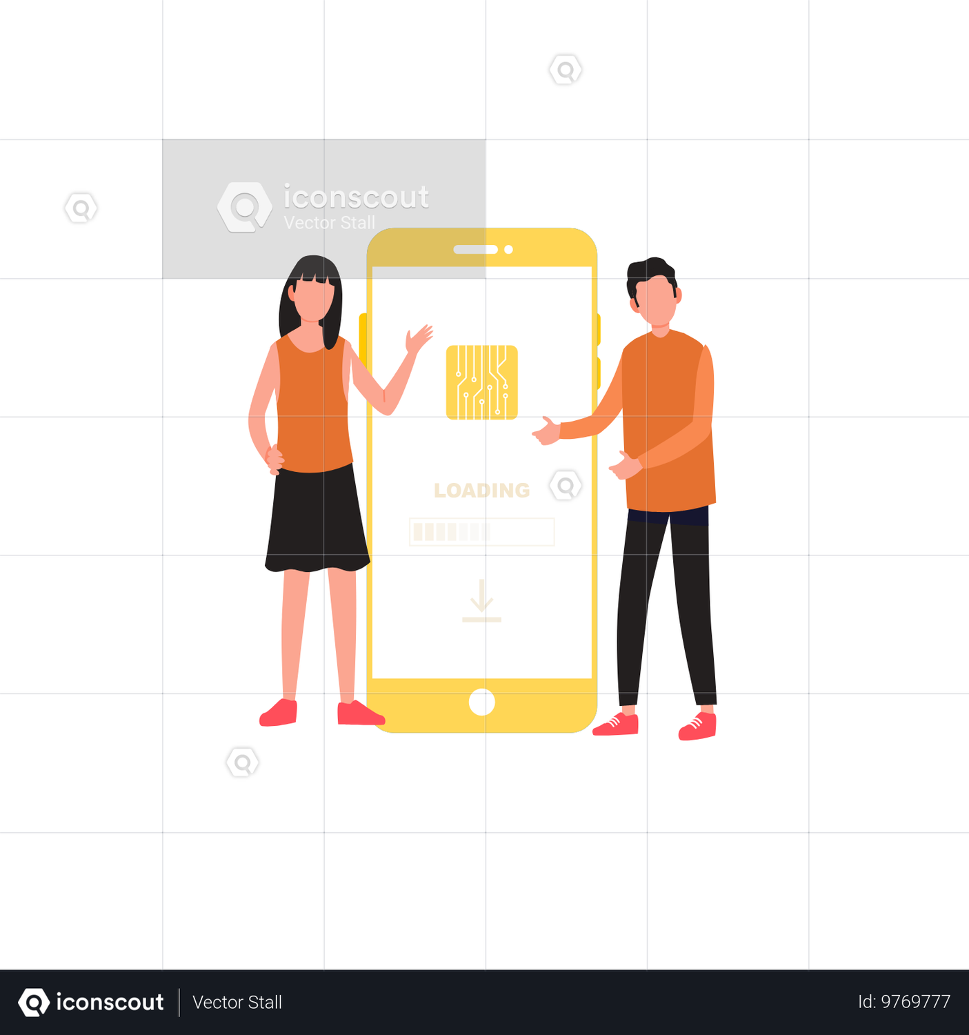 The boy and girl launching bar code for downloading Animation by Vector Stall | LottieFiles